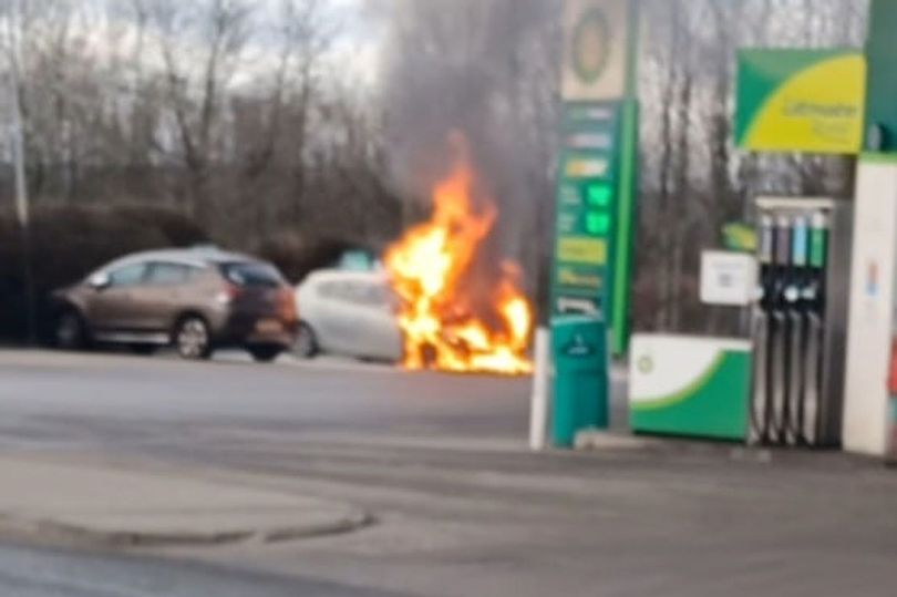 Dramatic scenes at A55 petrol station as car bursts into flames near pumps