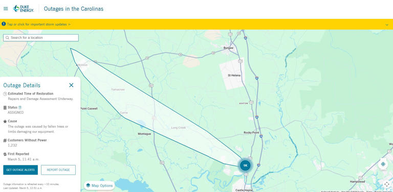 Power outages affecting counties in Southeastern NC