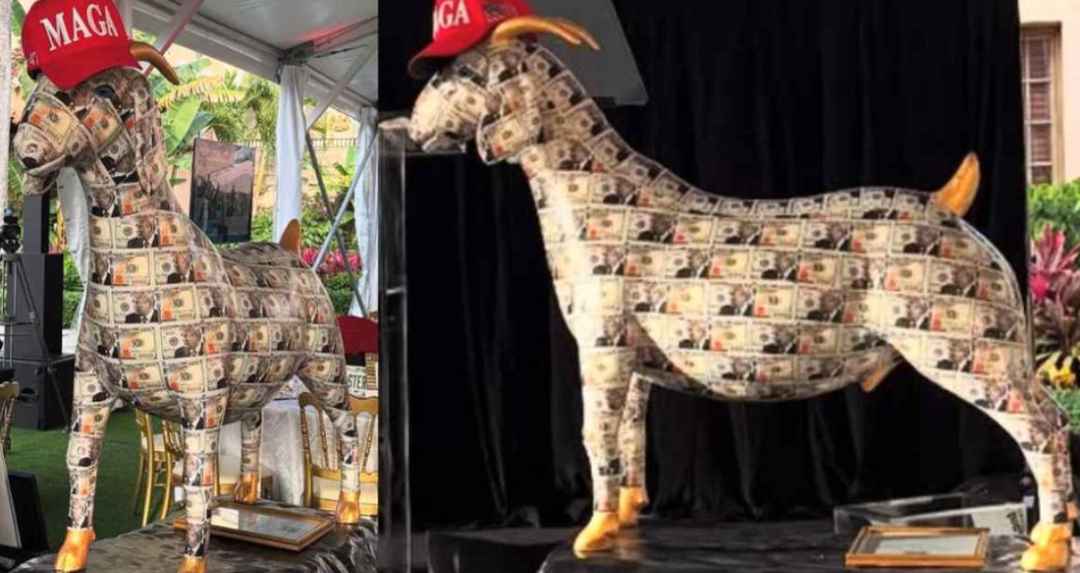 Goat statue covered with fake Trump money sells for $300k