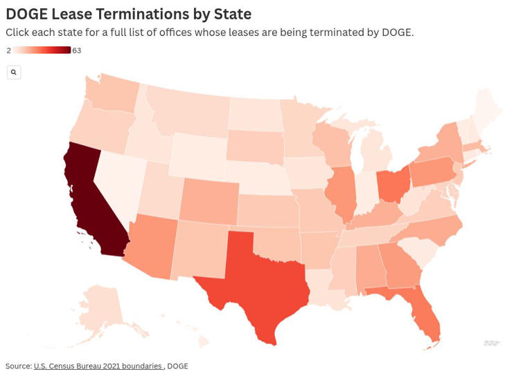 Map Shows Which States Have Most Federal Offices Closed by DOGE