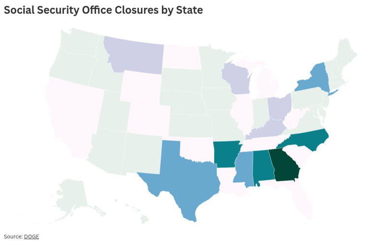 Map Shows States With Most Social Security Office Closures After DOGE Cuts