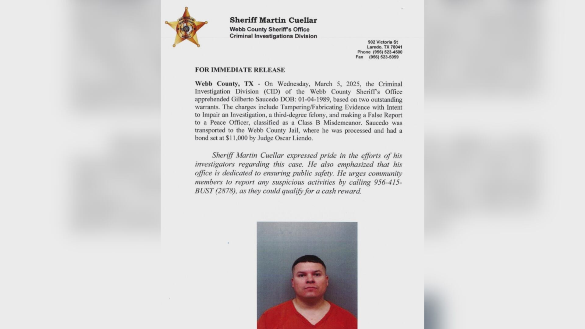 Webb Co. Sheriff’s Office CID arrest suspect for outstanding warrants