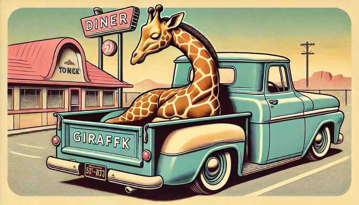 Yes, that's a real giraffe in the back this Detroit pickup truck