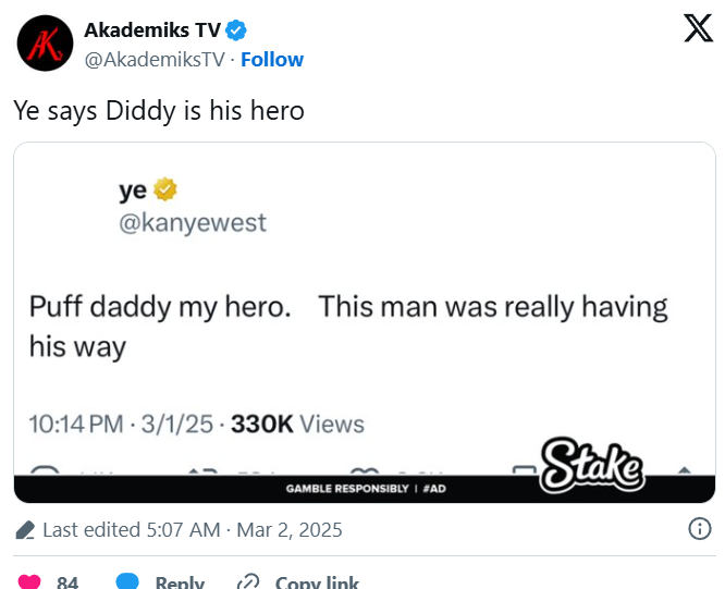 Kanye West Drops Bombshell Tweet on Diddy Amid Sex Trafficking Case