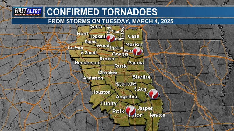 National Weather Service now confirms 4 EF-1 tornadoes in East Texas Tuesday