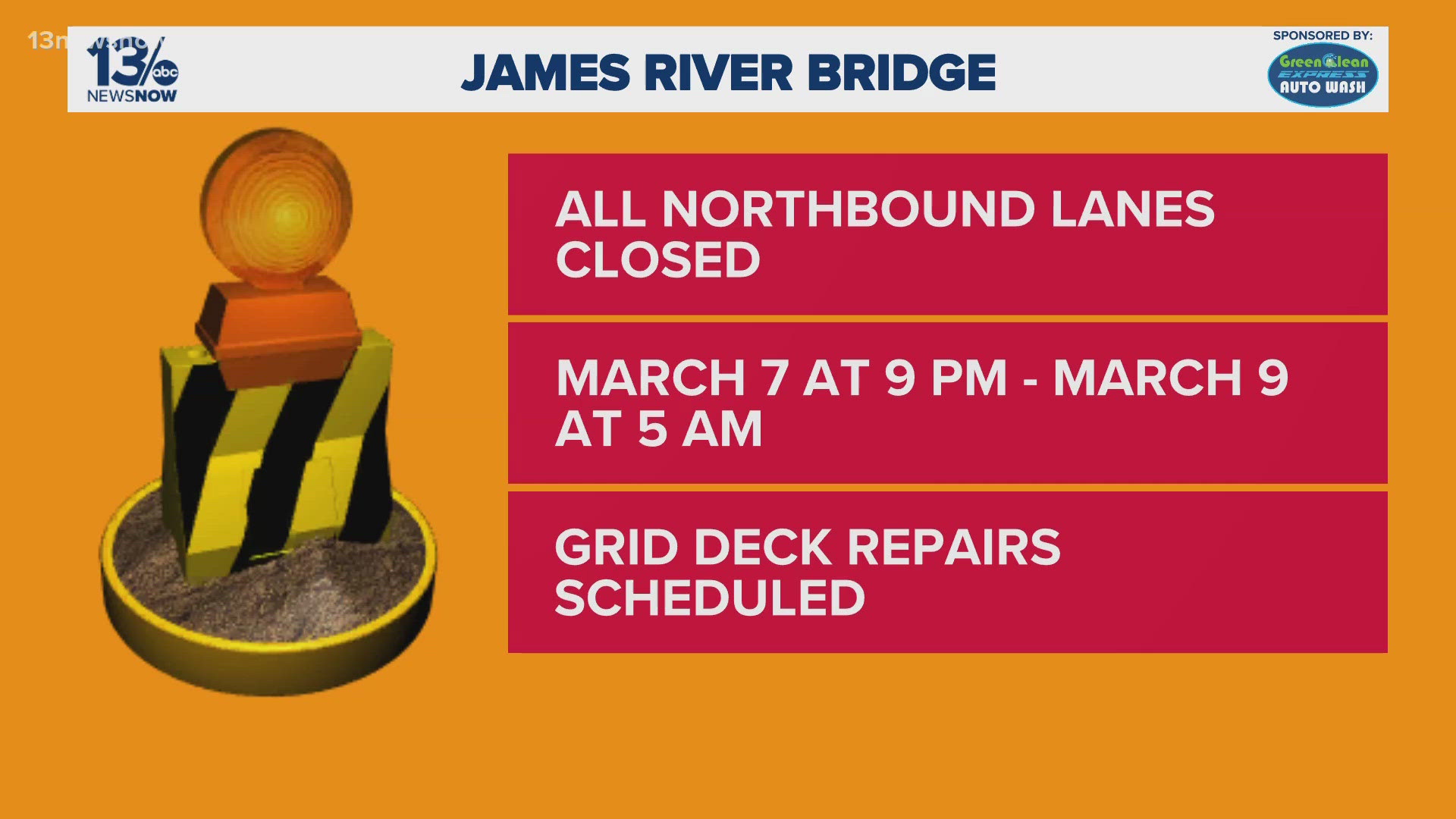 James River Bridge northbound lanes to close this weekend