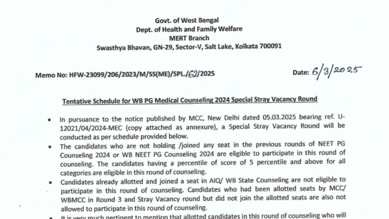 West Bengal NEET PG 2024 special stray vacancy round from March 10, check full schedule here