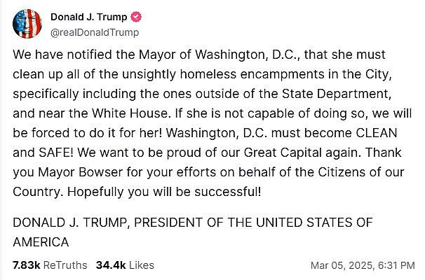 Trump's warning for DC mayor if homeless camps aren't cleaned up