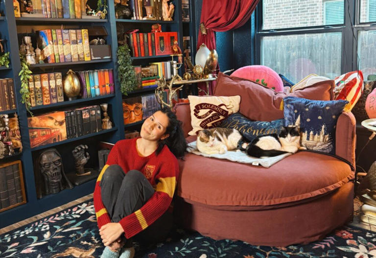 Woman turns office into Harry Potter haven with Gryffindor desk and owl ...