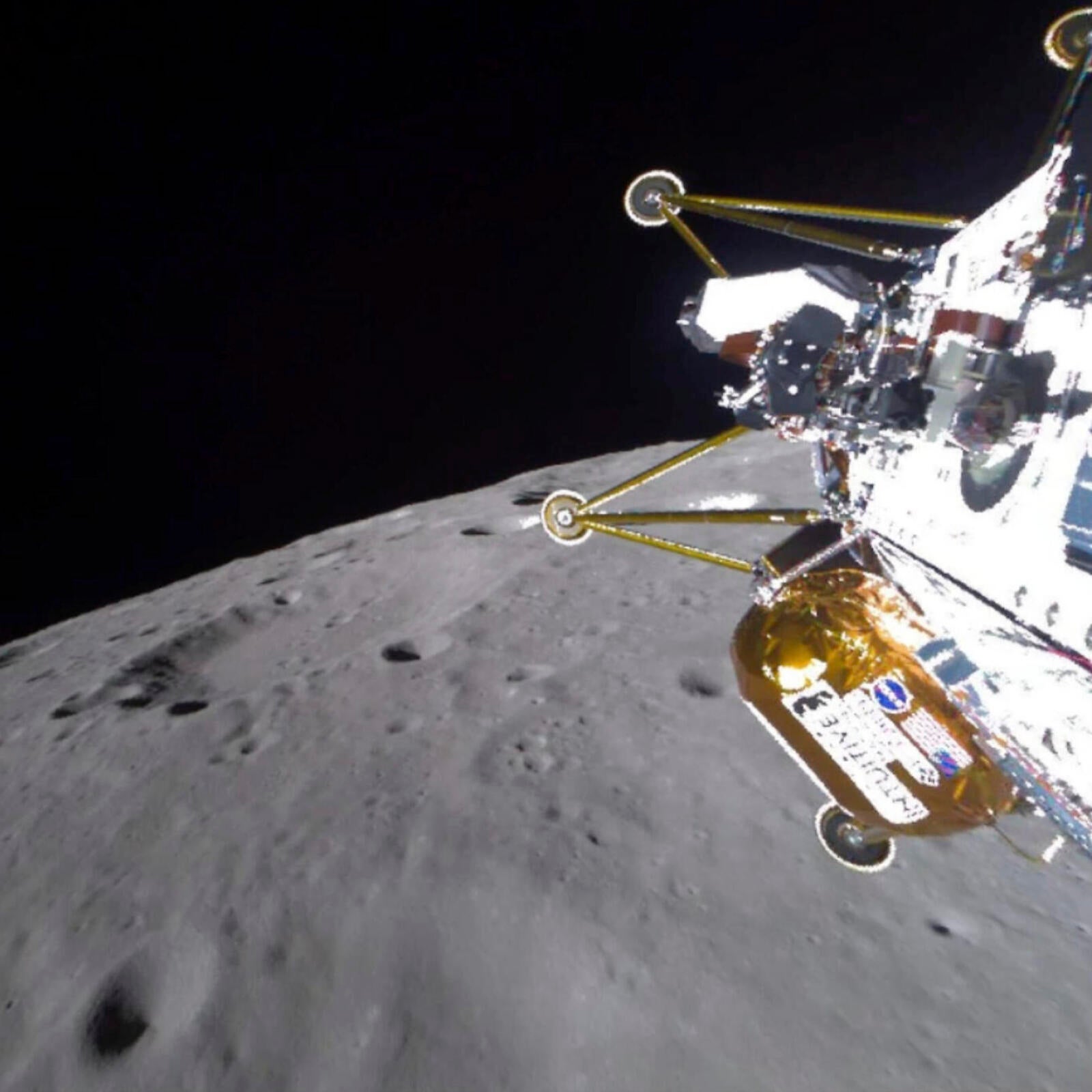 Moon lander from Intuitive Machines touches down, but apparently tips over