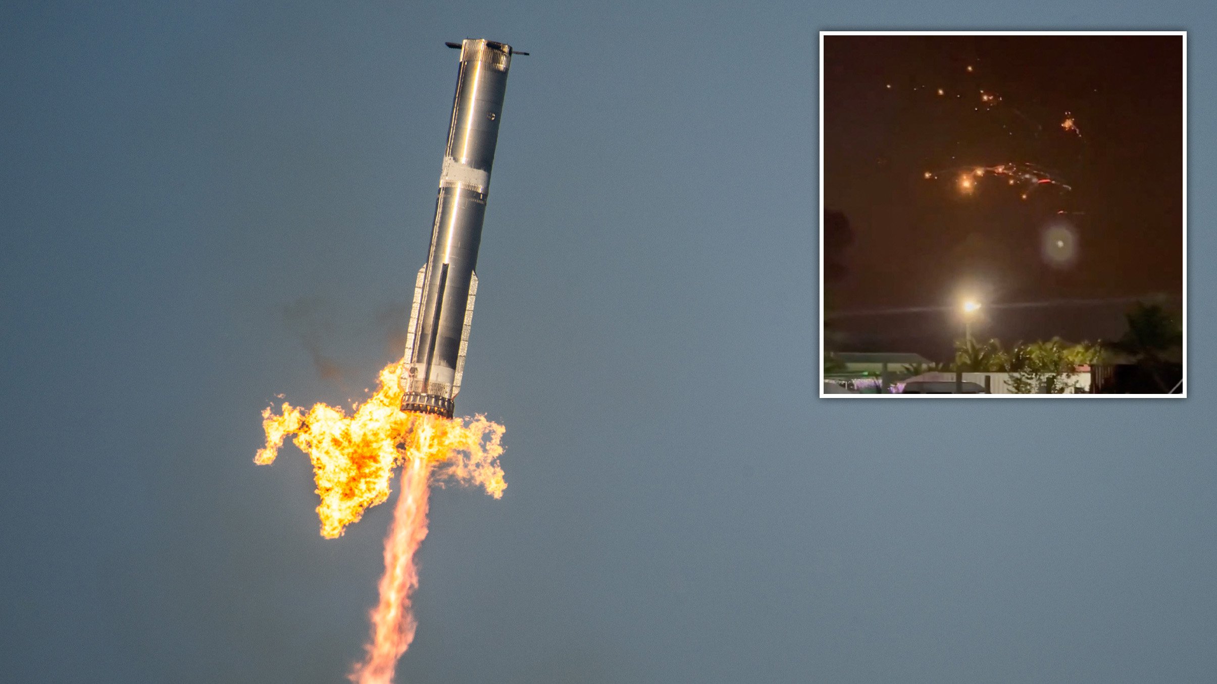SpaceX rocket spirals and explodes with debris raining from the sky