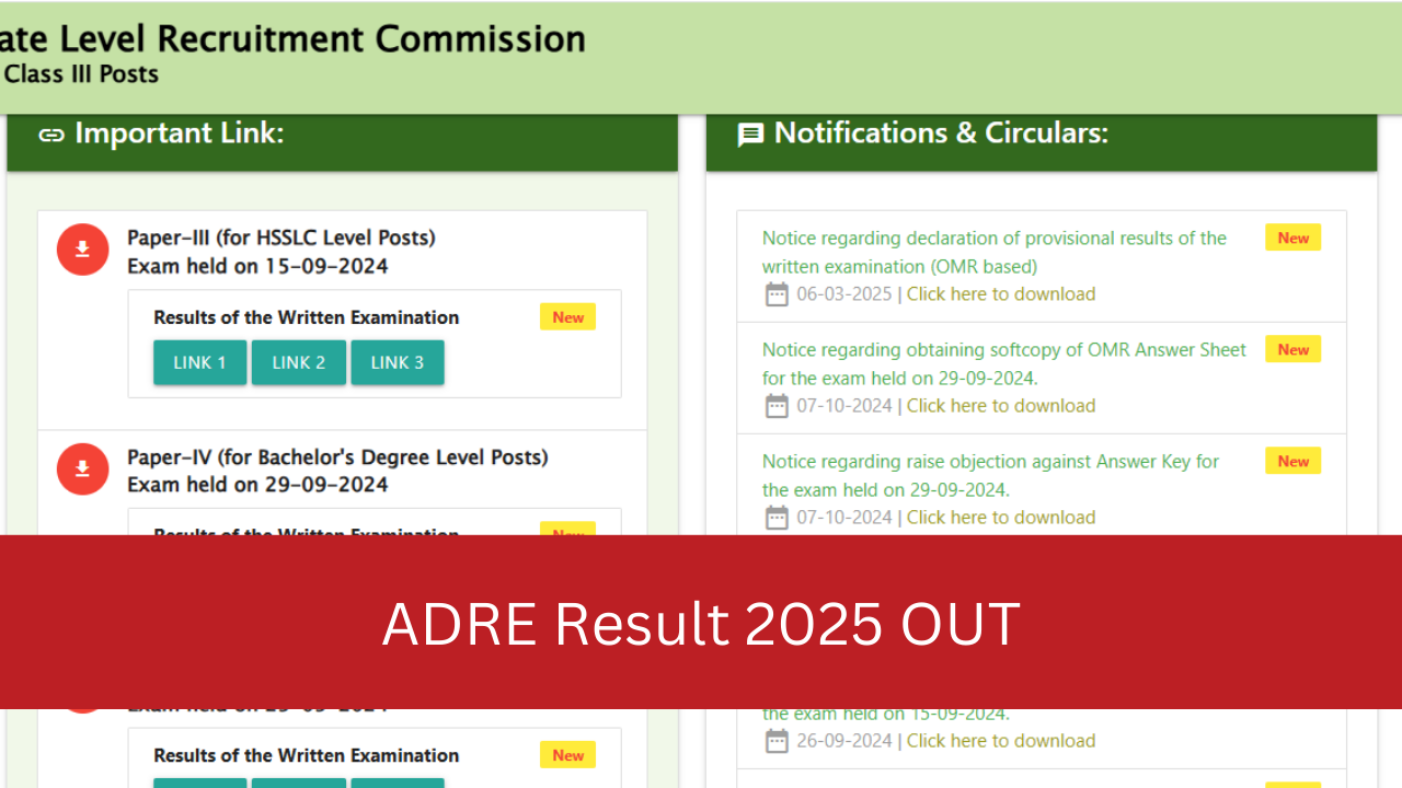 assam.gov.in ADRE Result 2025 OUT; Direct link to check SLRC Grade 3, 4 ...
