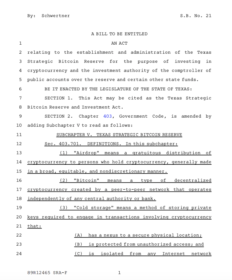 Texas Senate passes Bitcoin strategic reserve bill