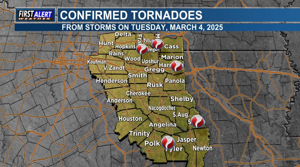 National Weather Service now confirms 5 EF-1 tornadoes in East Texas ...
