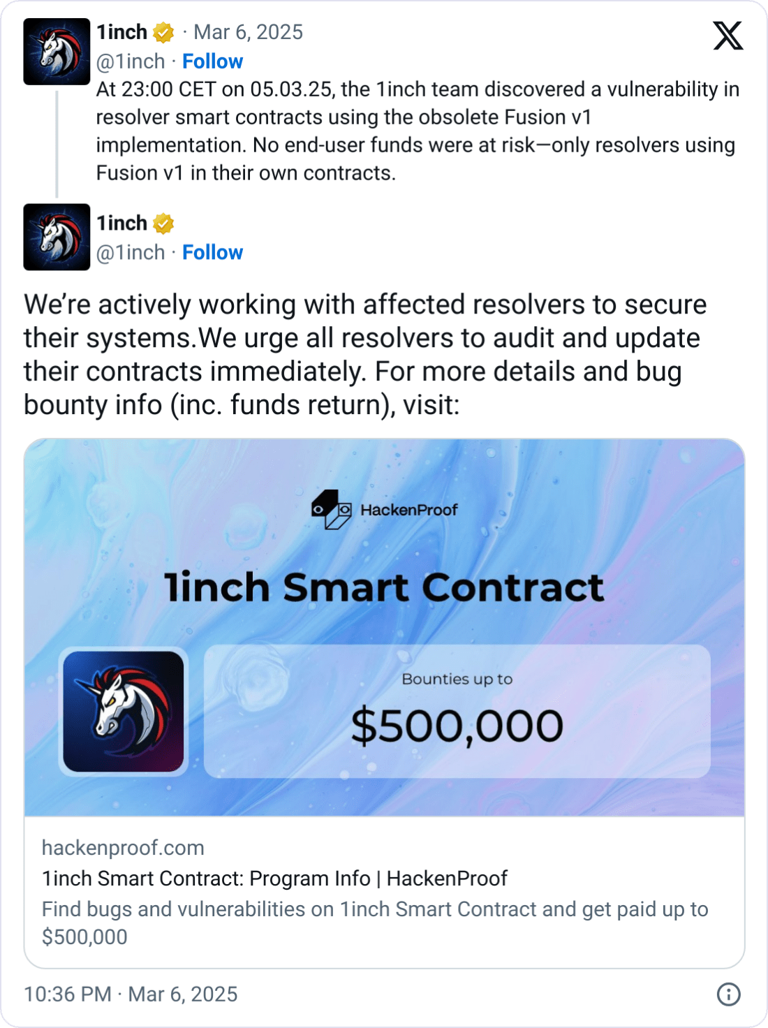 1inch suffers $5M hack due to smart contract vulnerability