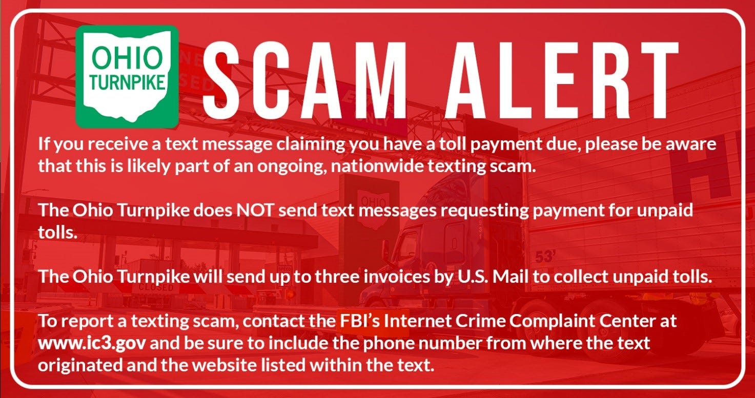 Ohio Turnpike warning drivers over surge in scam toll payment text messages