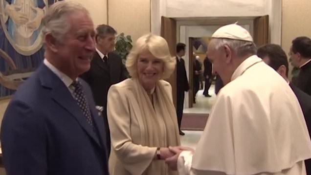 2017: Charles and Camilla share a light moment with Pope Francis