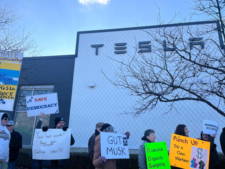 Hundreds gather to protest Elon Musk, DOGE at Tesla at Easton Town Center