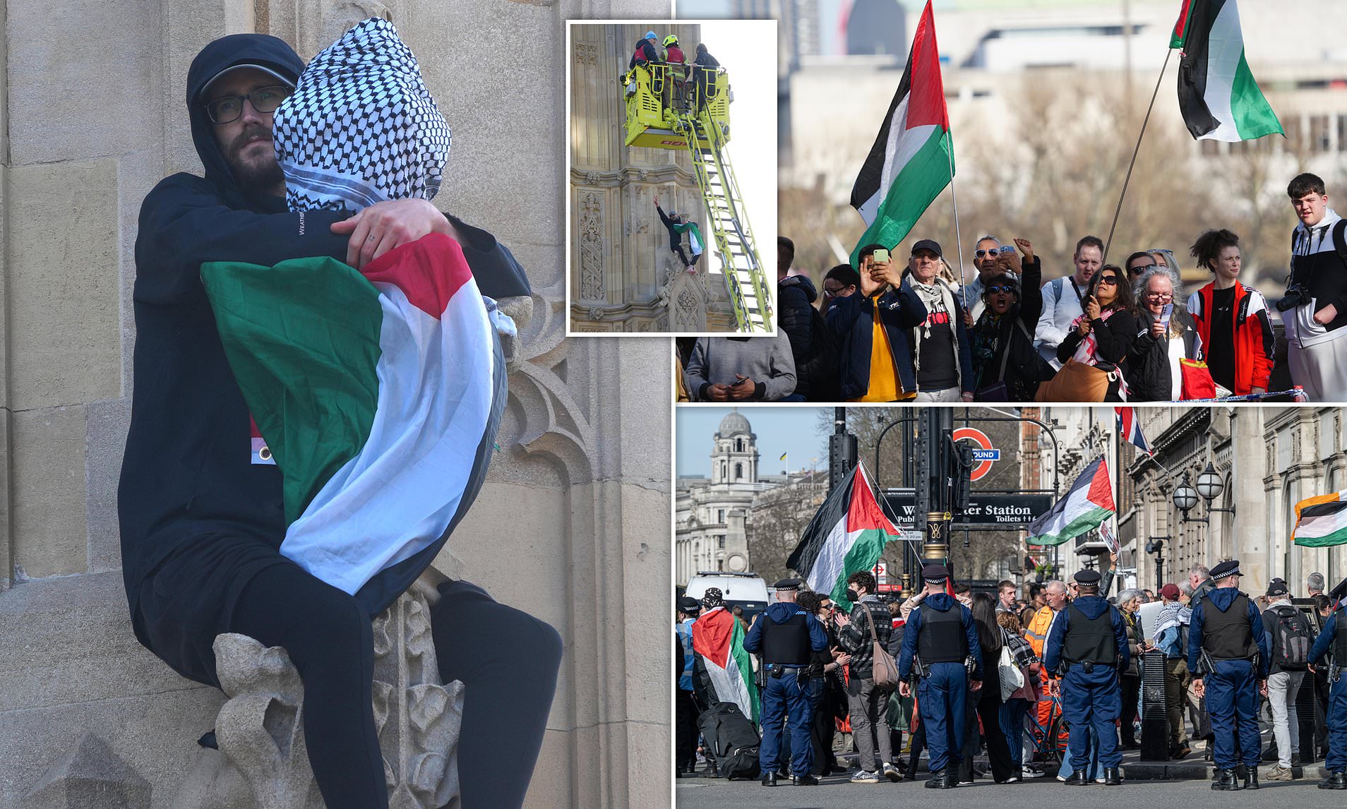 Barefoot protester is STILL up Big Ben after halting London route