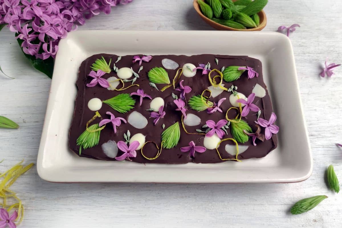 Spring Chocolate Bark with Edible Flowers and Greens
