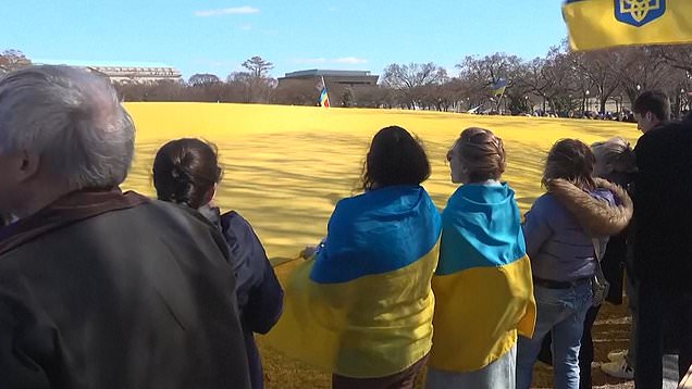 Demonstrators unveil massive Ukrainian flag near White House