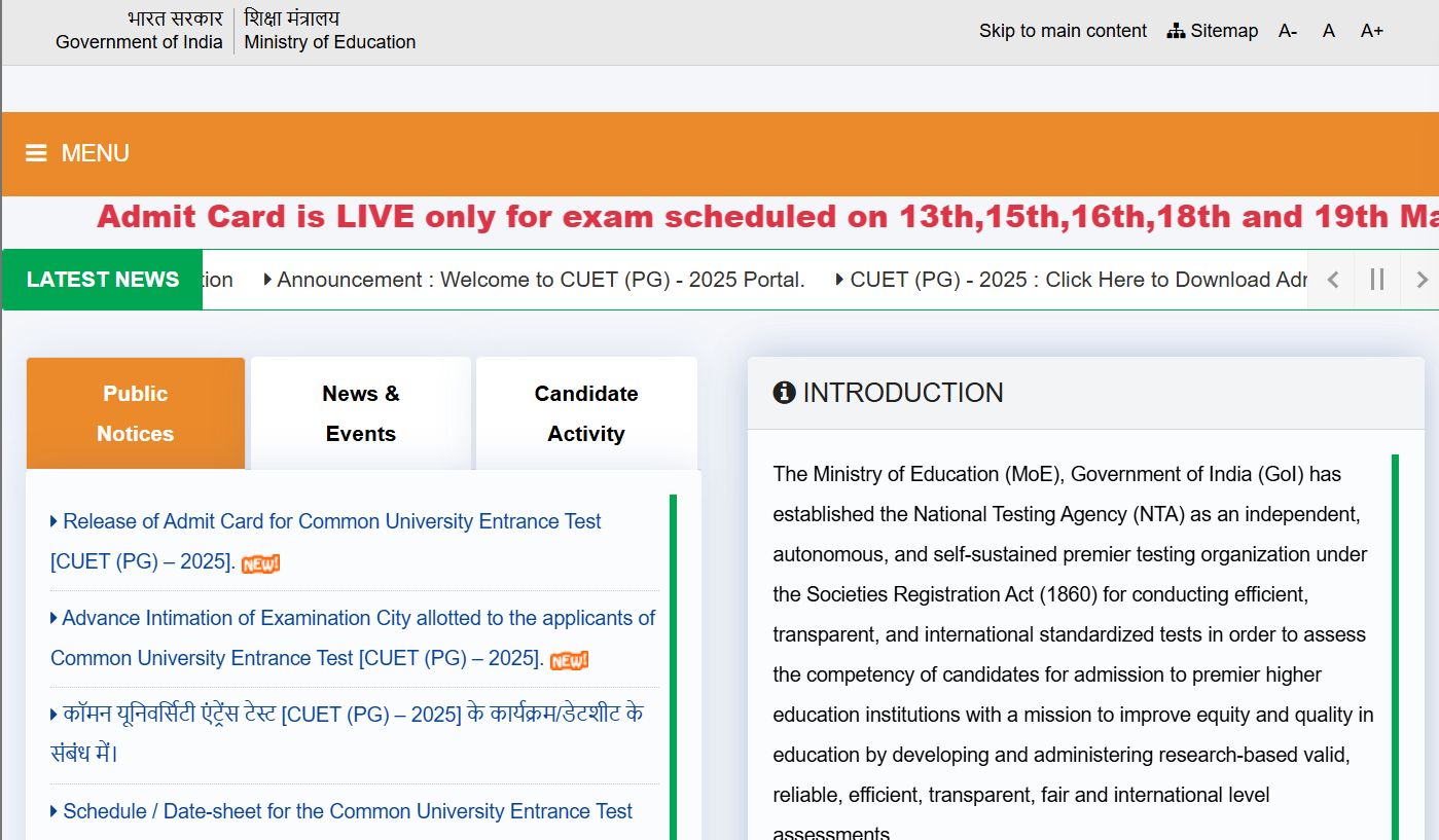 CUET PG admit cards 2025 released for March 13th to 20th exams: Direct ...