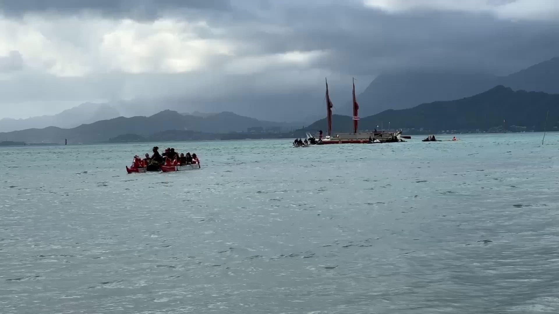 Members of the voyaging canoe Hokulea gather in Hawaii to celebrate the ...
