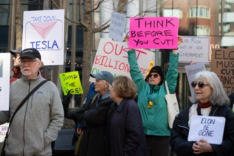 Hundreds protest Tesla showrooms over Musk’s DOGE work