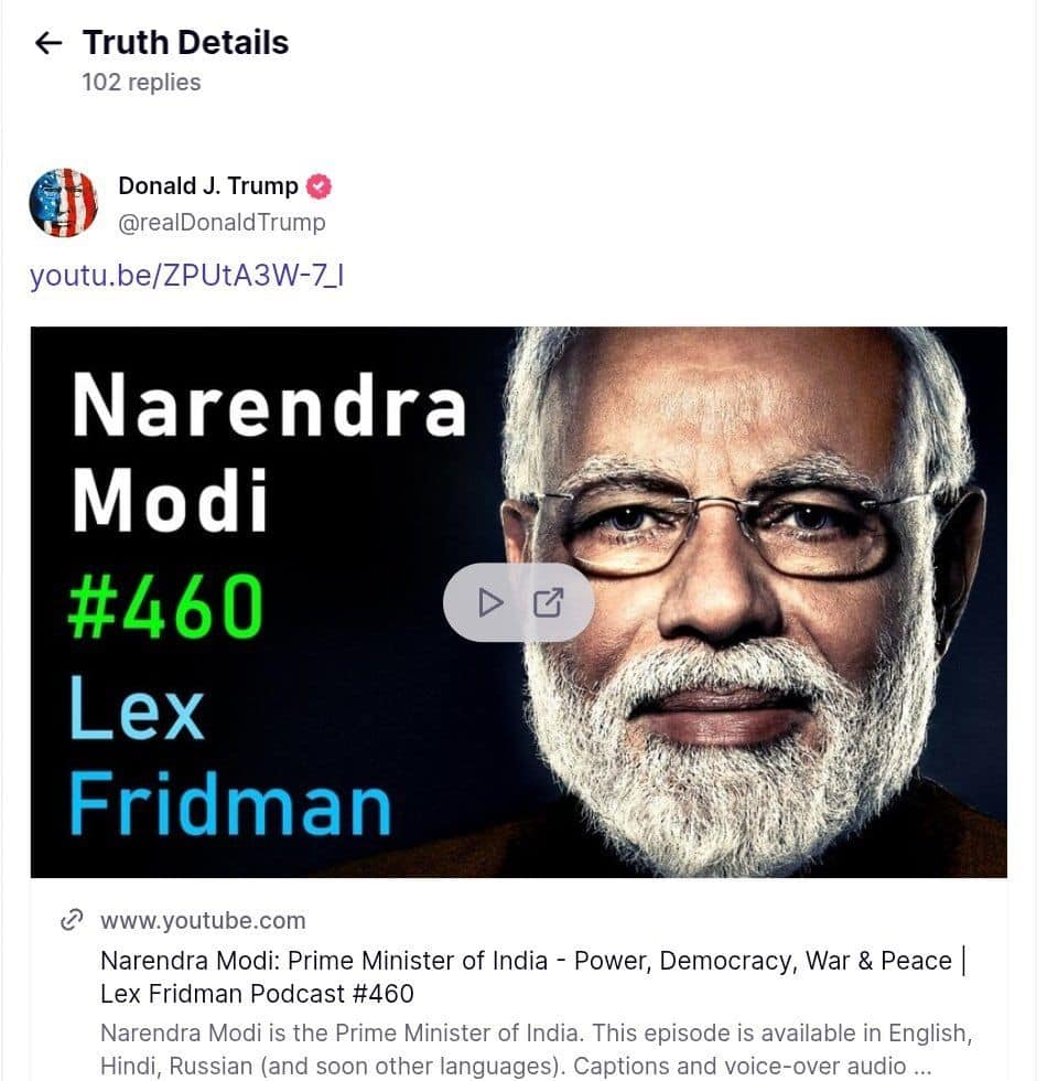 US President Donald Trump shares PM Modi's podcast on 'Truth Social'