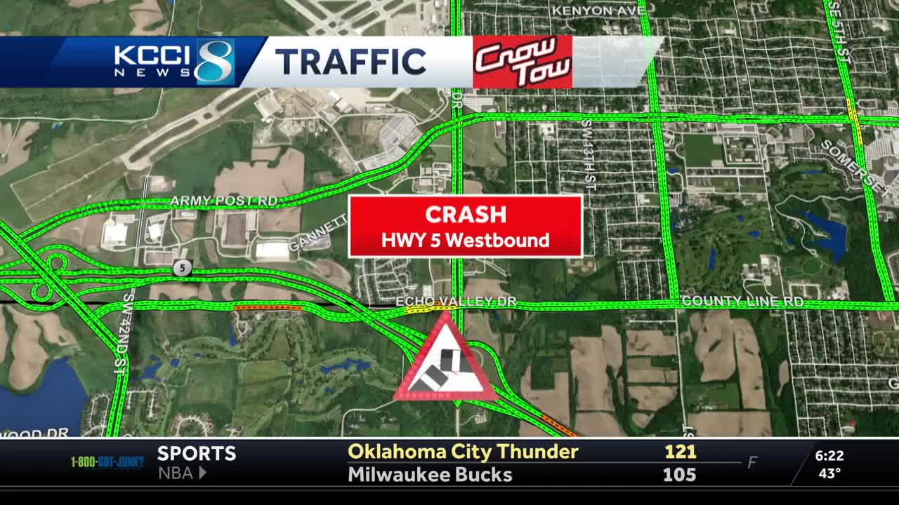 Iowa traffic: Crash along Highway 5 near Des Moines leads to long delays