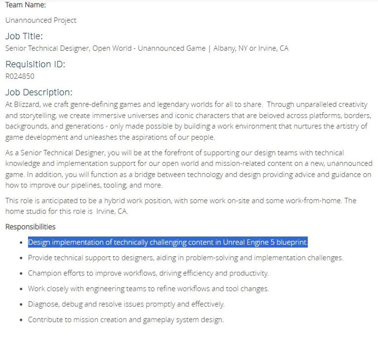 暴雪尚未公布的3A开放世界多人RPG游戏将使用虚幻引擎5开发