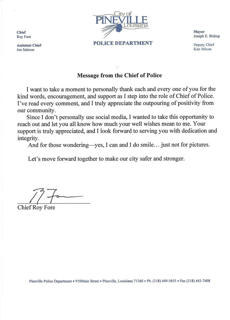 Roy Fore shares message to public as new Chief of Pineville Police