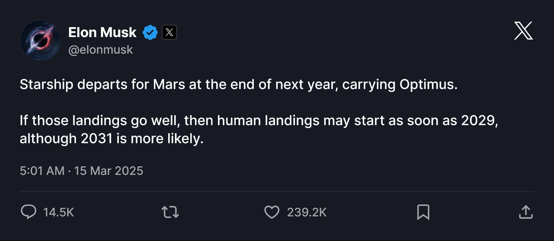 Elon Musk announces first mission to Mars for 2026