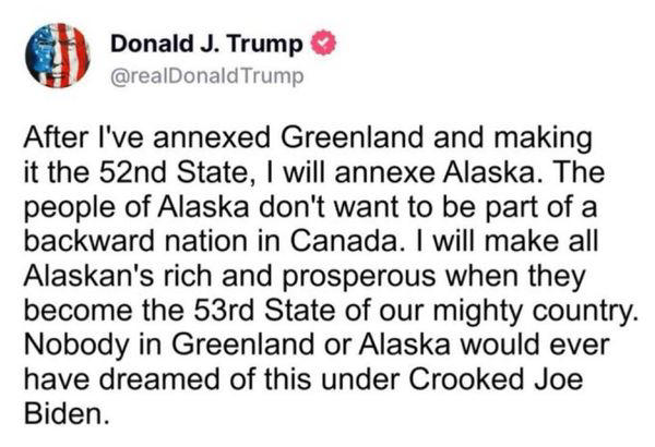 Trump didn't say he would annex Alaska and Greenland on Truth Social