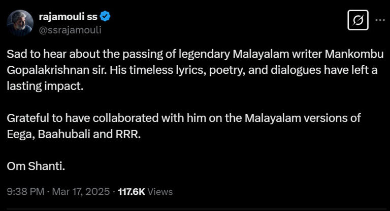 Malayalam lyricist Mankombu Gopalakrishnan dies in Kochi. Rajamouli ...