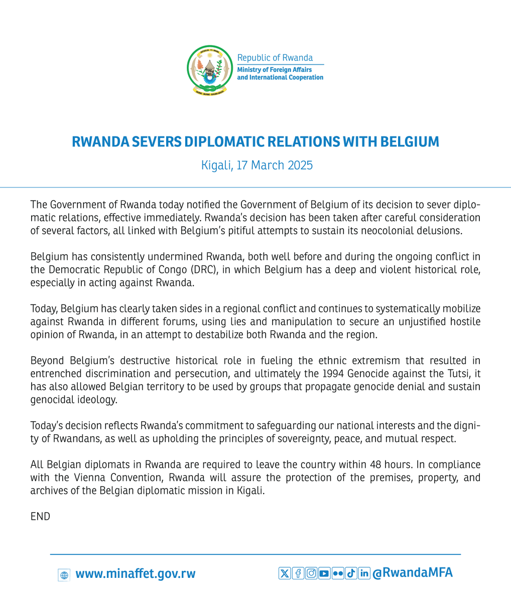 Rwanda Cuts Diplomatic Ties with Belgium, Orders Diplomats to Leave