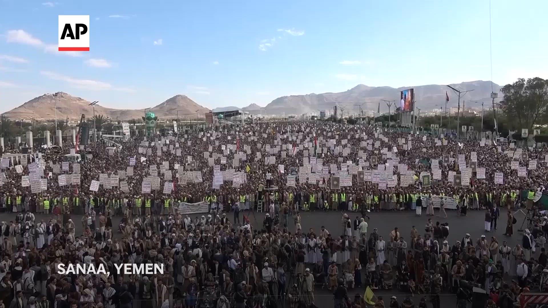 Thousands of Houthi supporters chant anti-US and anti-Israel slogans at ...