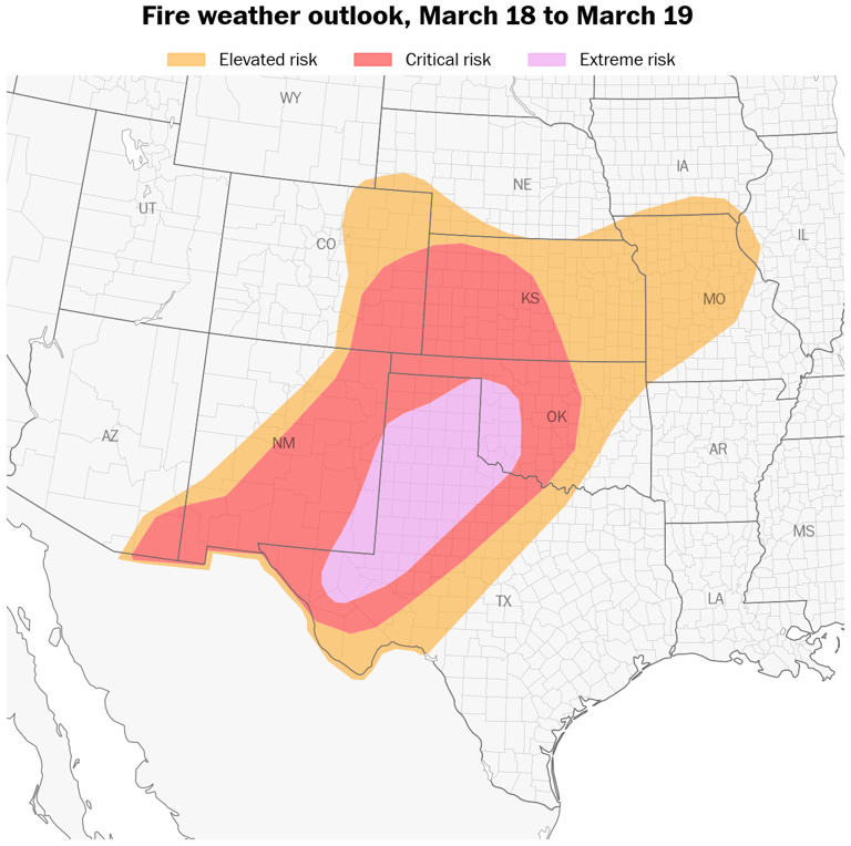 Southern Plains at risk of wildfire outbreak, with blazes in Oklahoma and Texas