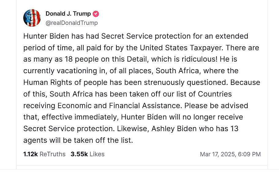 Trump ends Secret Service protection for Biden children amid cost
