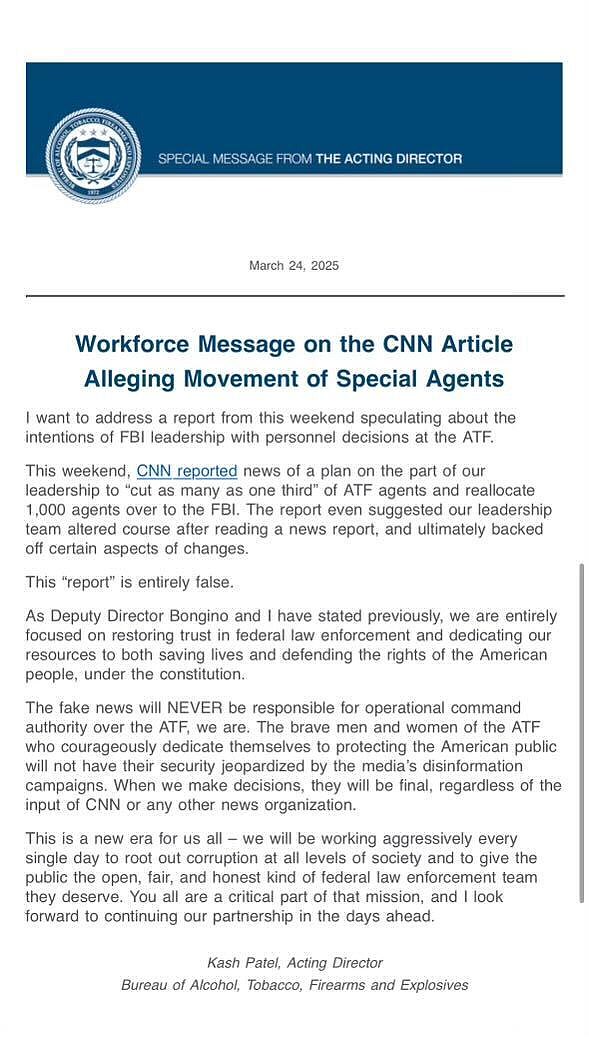 Kash Patel calls CNN report of ATF cuts 'entirely false'