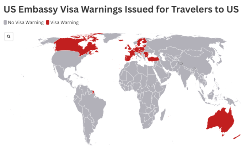 Map Shows US Embassies Posting Warnings to People Applying for Visas
