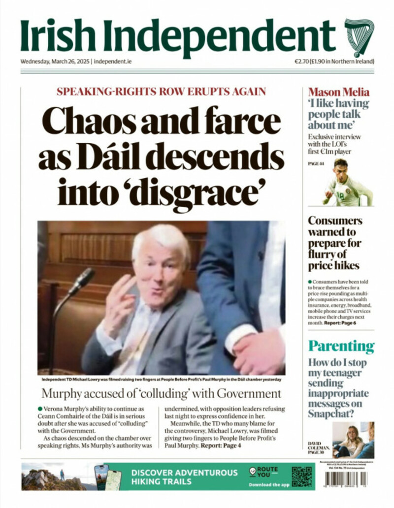 One image from yesterday's Dáil row dominates the front pages of today ...