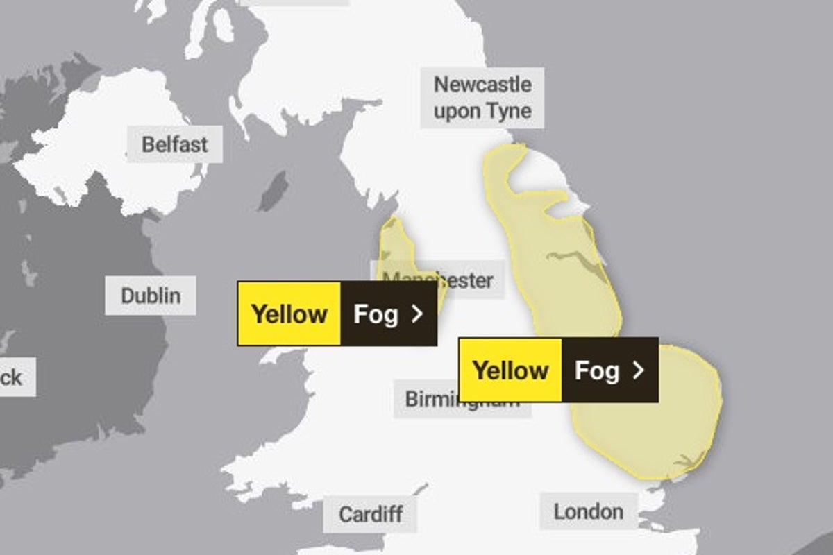Met Office issues yellow weather warning for fog with travel disruption ...