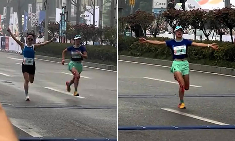 Moment marathon runner starts celebrating victory before the finish ...