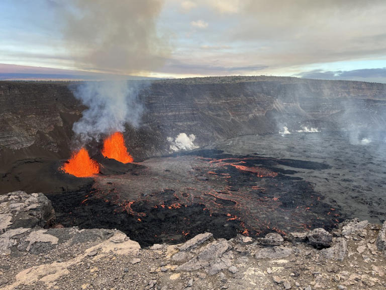 Lava bubbles out of Kilauea volcano during eruption in Hawaii