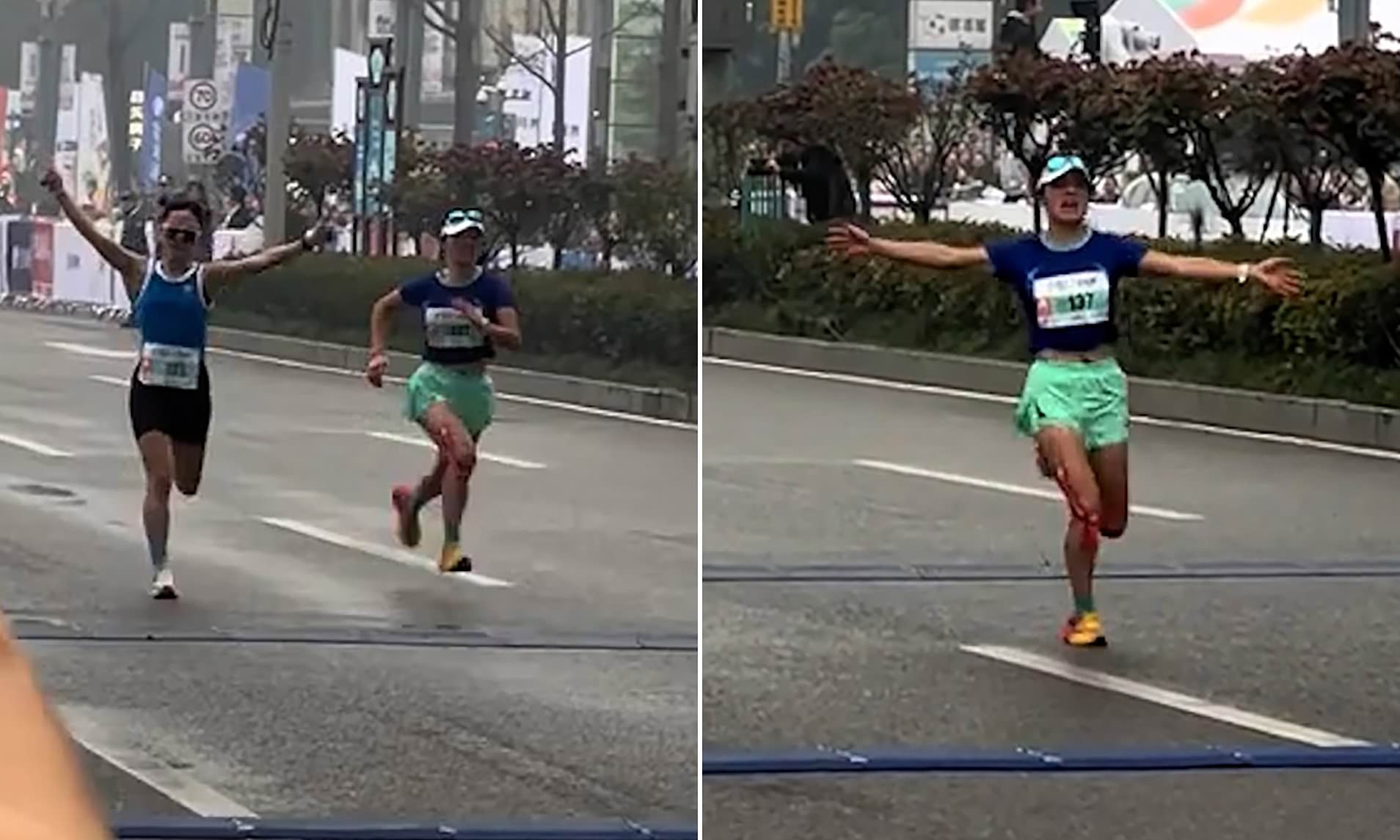 Runner celebrates before the finish line...allowing rival to snag win