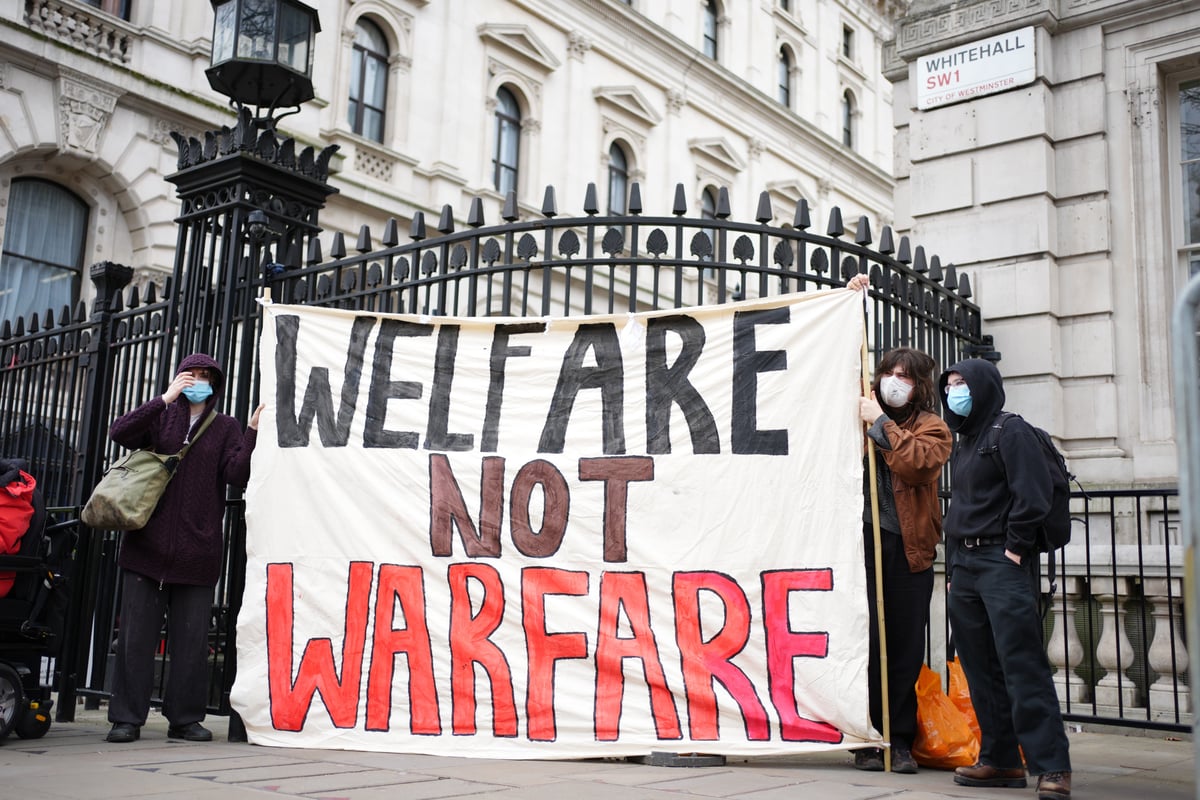 ‘Welfare not warfare’: Demonstrators on Whitehall protest against cuts