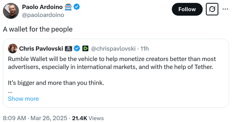 Rumble wallet rolls out with Tether’s USDT for creator payments