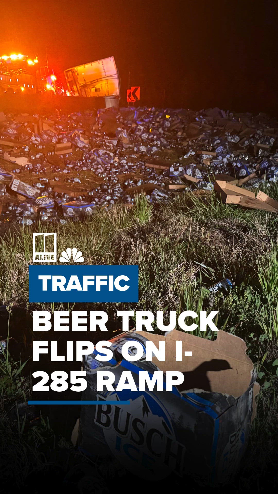 I-285 ramp covered in crushed beer cans after semi overturns