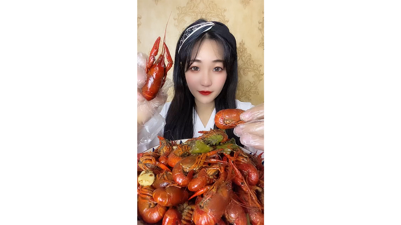 Cute Asian Girl Eating Delicious Prawns Mukbang